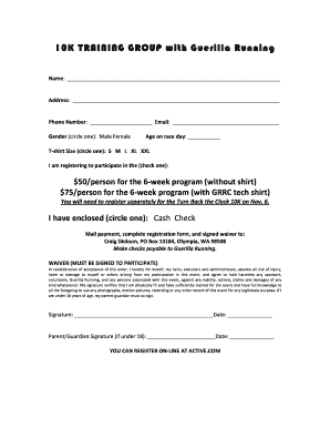 Fillable Online 10K Training Group Reg Form - Guerilla Running Fax ...