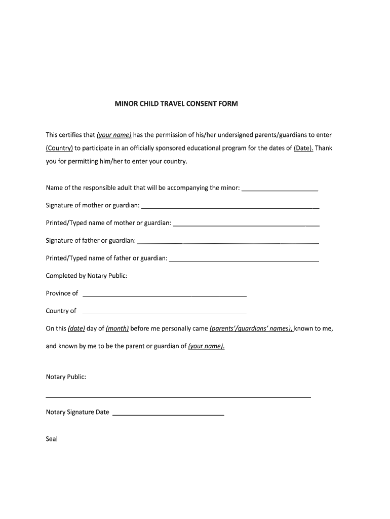 MINOR CHILD BTRAVEL CONSENTb FORM Fill Out Sign Online DocHub