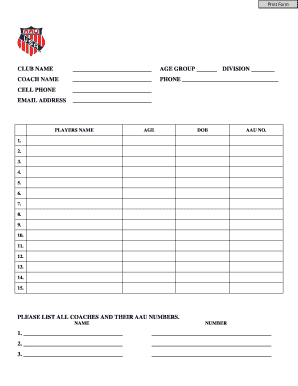 Fillable Online CLUB NAME AGE GROUP DIVISION COACH NAME PHONE CELL ...