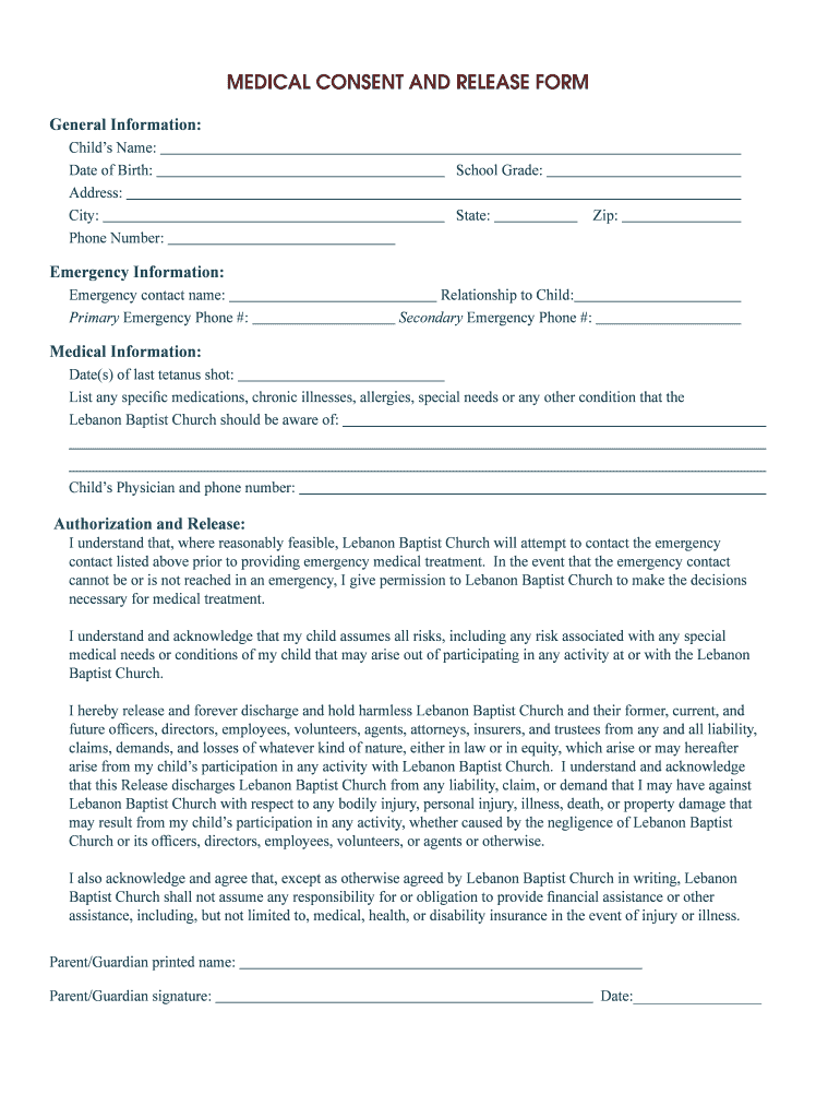 Fillable Online lebanonbaptist Bmedical consentb and release form - Lebanon Baptist Church Fax ...