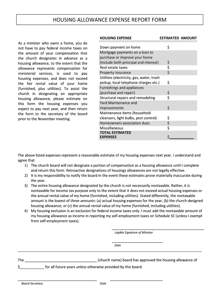 Fillable Online sidcag HOUSING ALLOWANCE EXPENSE REPORT FORM Fax Email ...