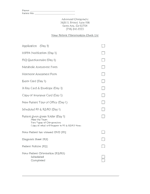 Fillable Online New Patient Fibromyalgia Check List Application (Day 1 ...