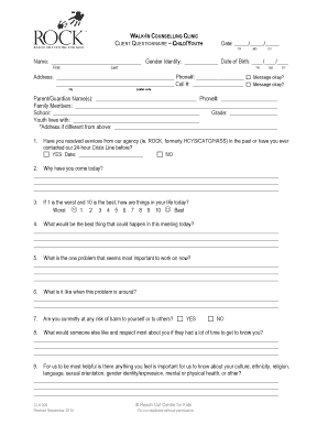 Fillable Online rockonline CLN 009 walk-in youth questionnaire - Sept ...