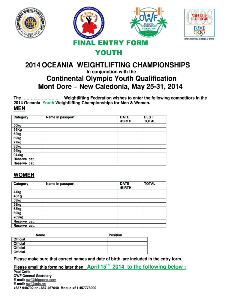 Fillable Online FINAL ENTRY FORM YOUTH - Oceania Weightlifting Fax ...