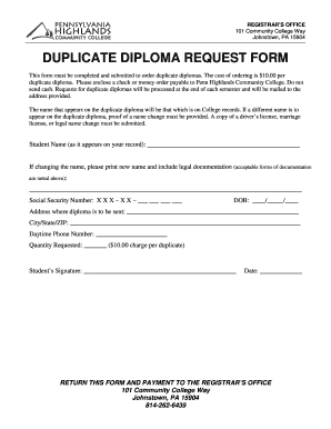 Fillable Online pennhighlands Bduplicateb diploma request form - bPennsylvaniab Highlands bb Fax ...