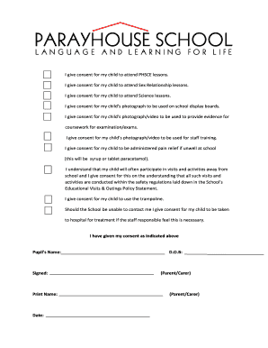 Fillable Online PHS Consent Form April 2014 - Parayhouse School Fax ...