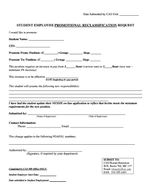 Fillable Online cas uic STUDENT EMPLOYEE PROMOTIONAL RECLASSIFICATION REQUEST - cas uic Fax ...