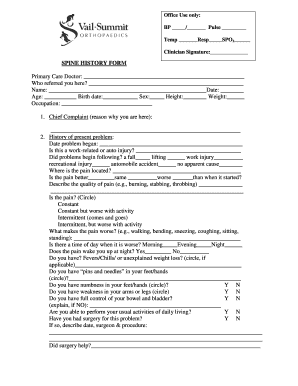 Fillable Online SPINE HISTORY FORM - Vail Summit Orthopaedics Fax Email ...