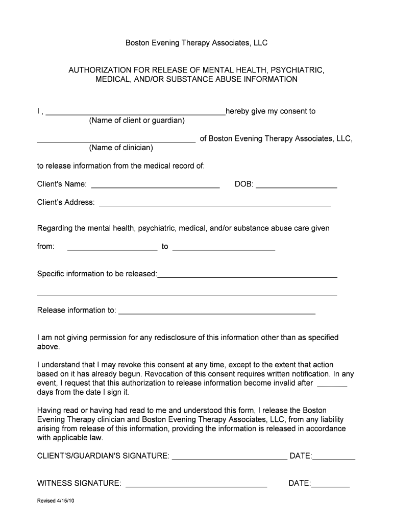 Fillable Online AUTHORIZATION FOR RELEASE OF MENTAL HEALTH PSYCHIATRIC Fax Email Print - pdfFiller