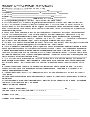 Fillable Online Permission slip / hold harmless / medical release ...