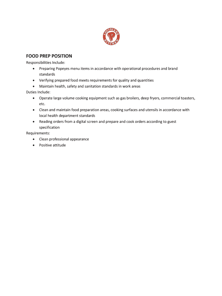 Fillable Online FOOD PREP POSITION Fax Email Print - pdfFiller