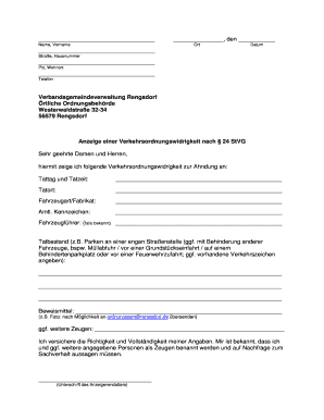 Ausfüllbar Online rengsdorf Anzeige einer Verkehrsordnungswidrigkeit ...