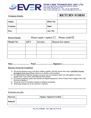 Fillable Online evercase co Returns form - Evercase Technology (UK) Fax ...
