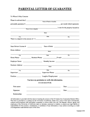 Fillable Online Parental Letter of Guarantee - Housing - University of ...
