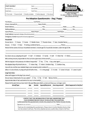 Fillable Online yakimahumane Pre-Adoption Questionnaire Dog / Puppy ...