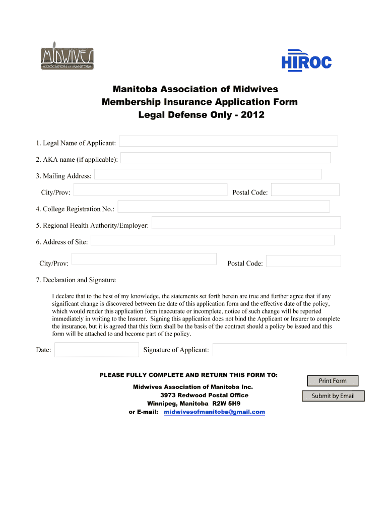 Fillable Online midwivesofmanitoba Membership Insurance Application ...