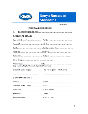 Fillable Online kebs PERSONAL DETAILS FORM for Empolyment REVISED July ...