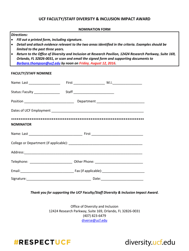 Fillable Online diversity ucf UCF Faculty/Staff Diversity & Inclusion Impact Award - Office of ...