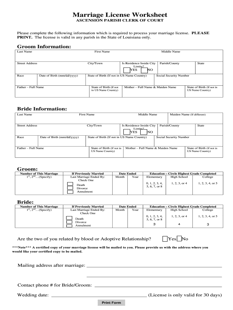 Fillable Online BMarriage Licenseb Worksheet Fax Email Print - pdfFiller