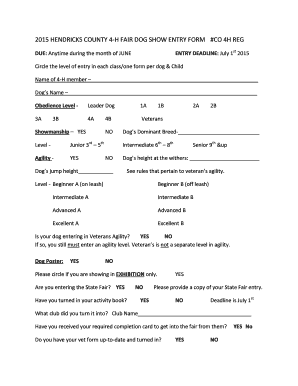 Fillable Online 2015 HENDRICKS COUNTY 4-H FAIR DOG SHOW ENTRY FORM CO ...