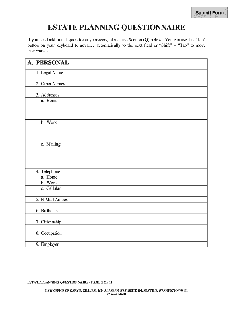 Fillable Online Estate Planning Questionnaire for Individuals - the Law ...