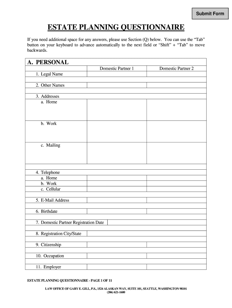Fillable Online Estate Planning Questionnaire for Domestic Partners Fax ...