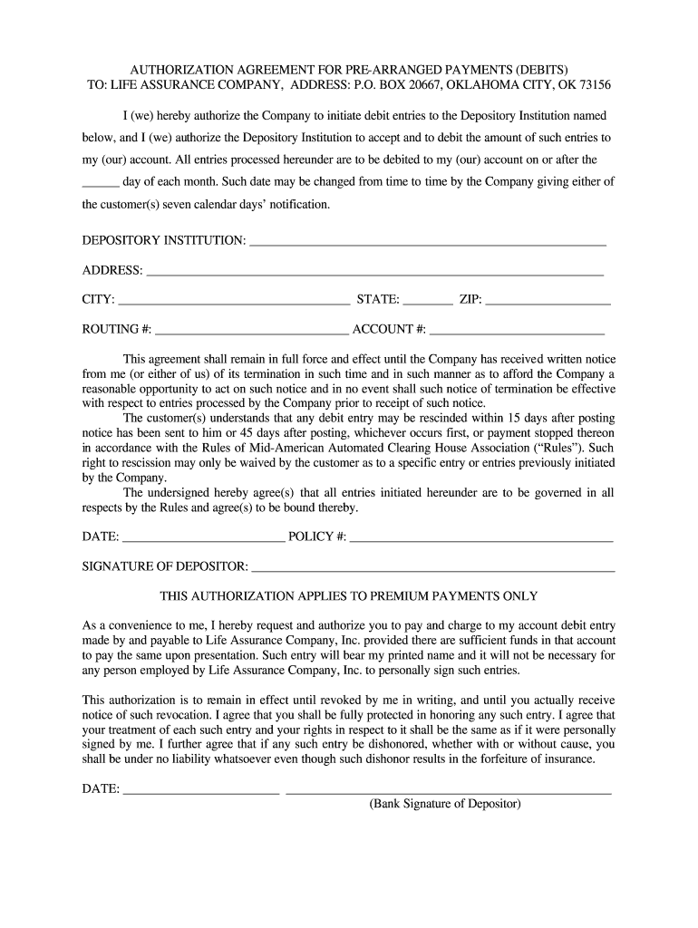 Fillable Online AUTHORIZATION AGREEMENT FOR PRE-ARRANGED PAYMENTS DEBITS Fax Email Print - pdfFiller