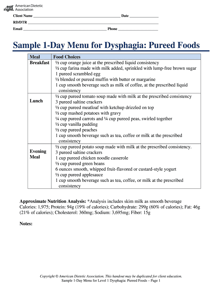 Fillable Online Dysphagia Level 1 Pureed Sample 1-Day Menudoc Fax Email ...
