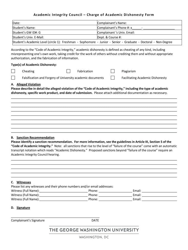 Fillable Online studentconduct gwu Academic Integrity Council Charge of ...