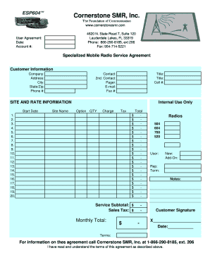 Fillable Online Specialized Mobile Radio Service Agreement Cornerstone Customer Contract Fax ...