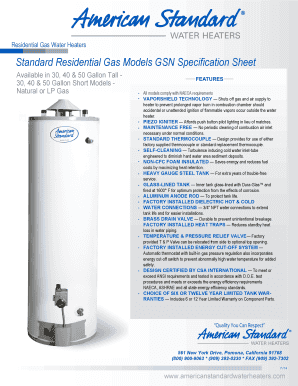 Fillable Online Standard Residential Gas Models GSN Specification Sheet ...