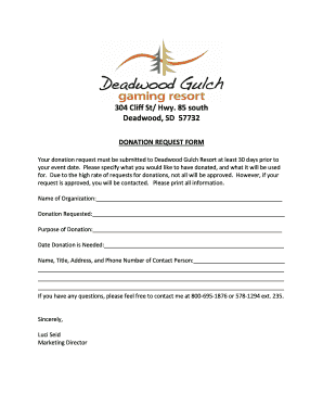 Fillable Online Printable Donation Request Form - Deadwood Gulch Gaming Resort Fax Email Print ...