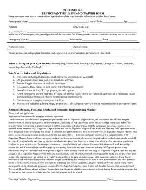 Fillable Online ZOO SNOOZE PARTICIPANT RELEASE AND WAIVER FORM Fax ...
