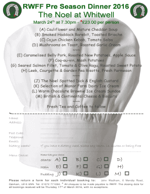Fillable Online rwff org Pre Season Dinner Menu Booking Form 2016 ...