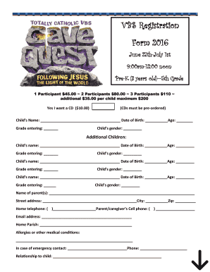 Fillable Online VBS Registration Form 2016 June 27thJuly 1st 9:00am12 ...