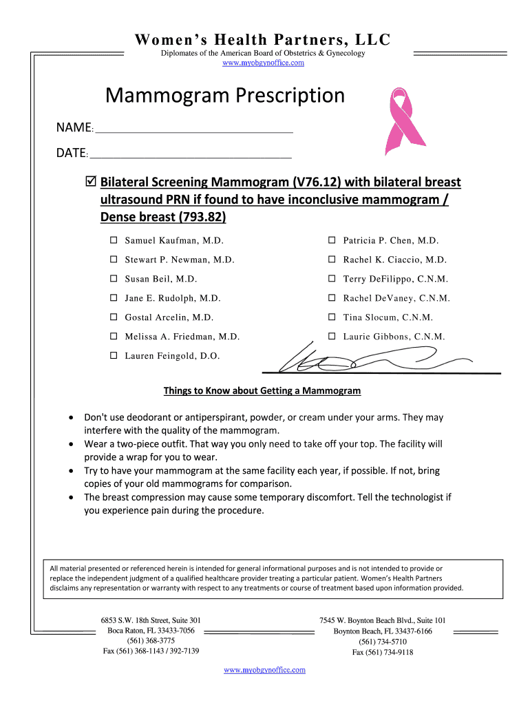 Fillable Online Mammogram Prescription - Womens Health Partners Fax ...