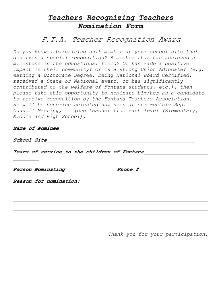 Fillable Online fontanateachers Teachers Recognizing Teachers ...