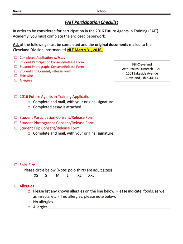 Fillable Online fbi Download 2016 FAIT application packet students 18 ...