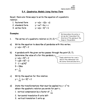 Fillable Online 54 Quadratics Models Using Vertex Form Examples - Yola ...