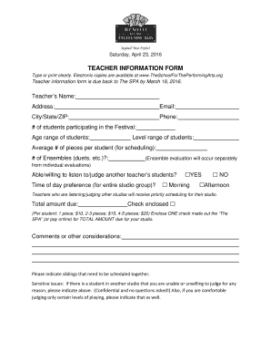 Fillable Online theschoolfortheperformingarts TEACHER INFORMATION FORM ...