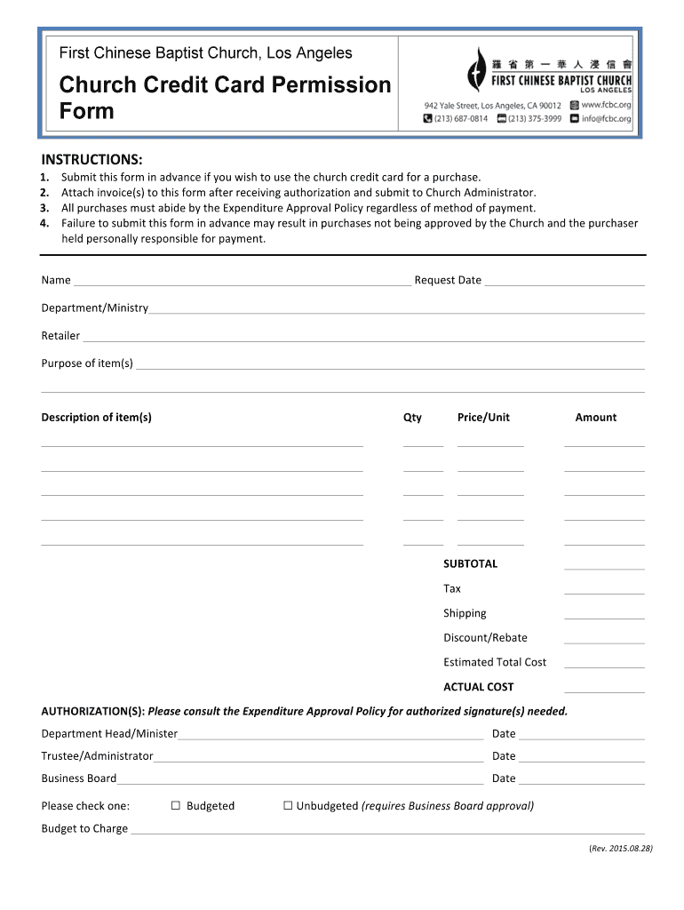 Fillable Online fcbc FINANCE - Church Credit Card Permission Form 2015 ...