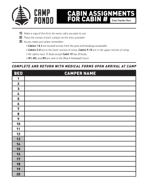 Fillable Online CABIN ASSIGNMENTS FOR CABIN - Pondo Fax Email Print ...