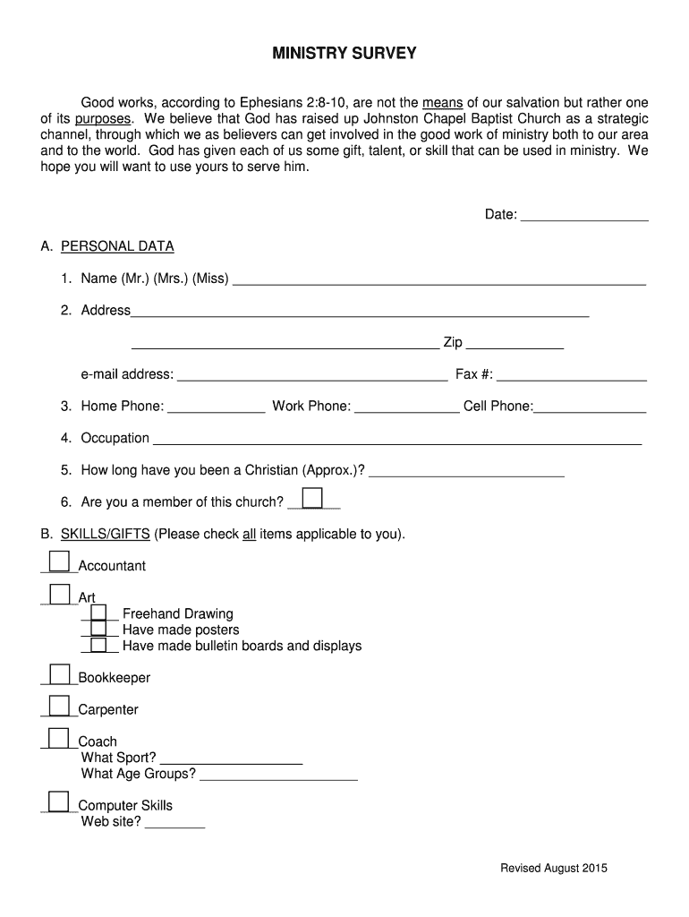 Fillable Online johnstonchapel MINISTRY SURVEY - Johnston Chapel ...