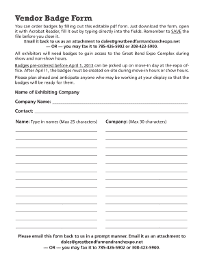 Fillable Online greatbendfarmandranchexpo Vendor Badge Form ...