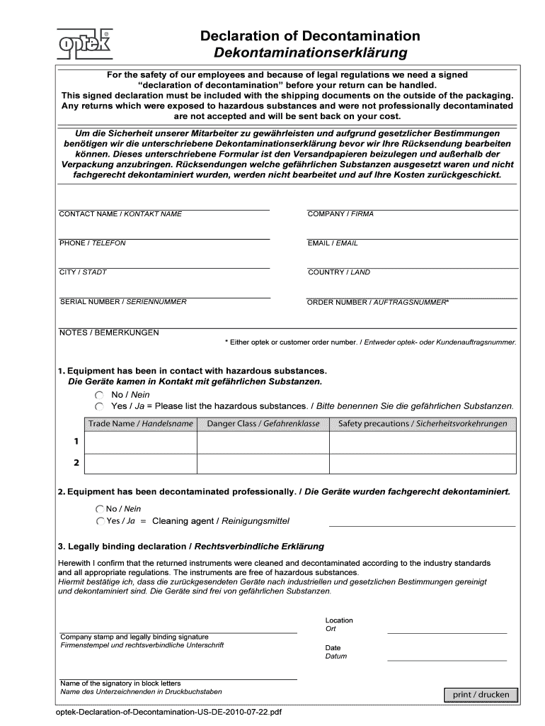 Fillable Online Declaration of Decontamination Dekontaminationserklrung Fax Email Print - pdfFiller