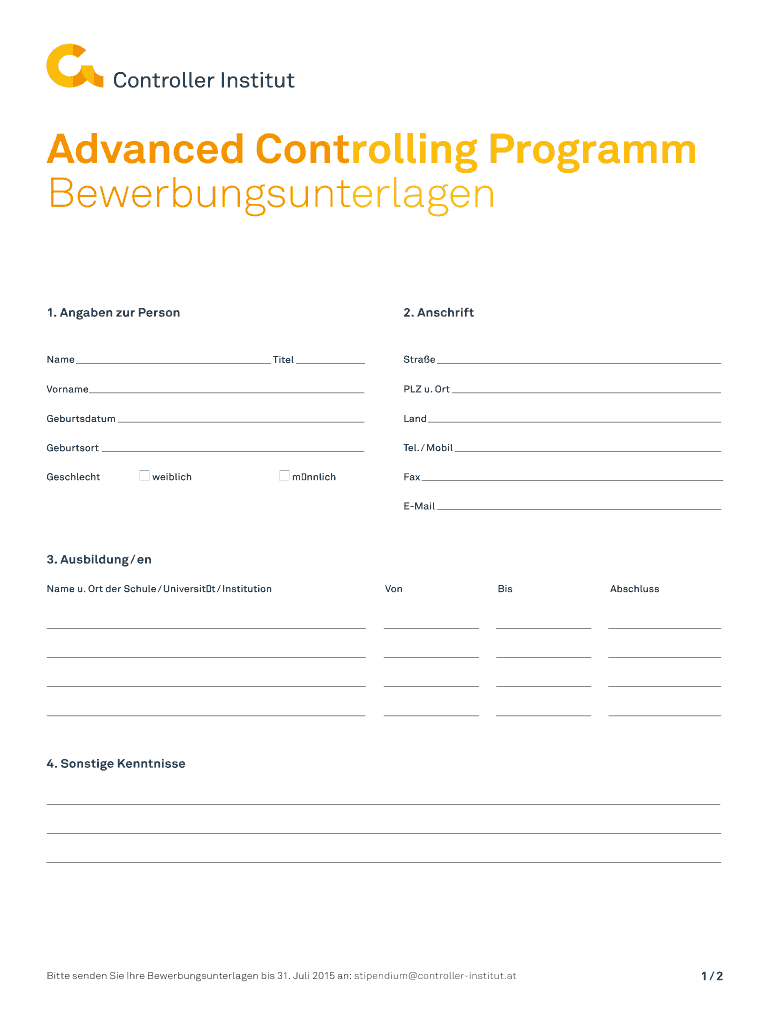 Ausfüllbar Online controller-institut Advanced Controlling Programm Bewerbungsunterlagen Fax ...