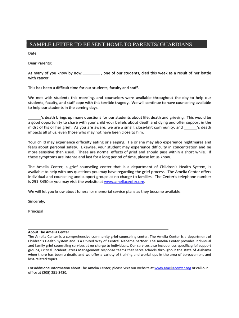 Fillable Online ameliacenter Sample letter to be sent home to parents ...