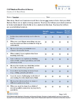 Fillable Online doe mass CAP Student Feedback Survey Gr 3-5 bShortb ...