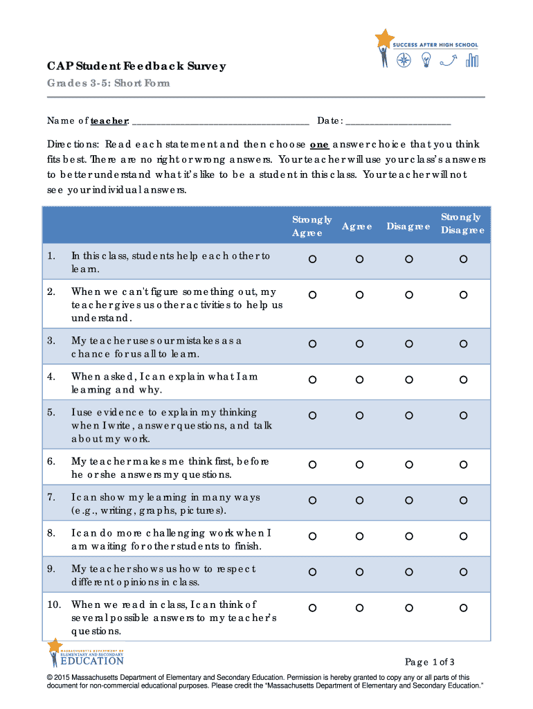 Fillable Online doe mass CAP Student Feedback Survey Gr 3-5 bShortb ...