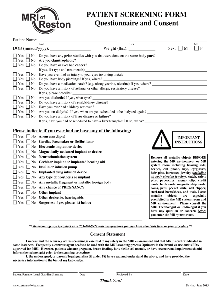 Fillable Online PATIENT SCREENING FORM Questionnaire and Consent Fax ...